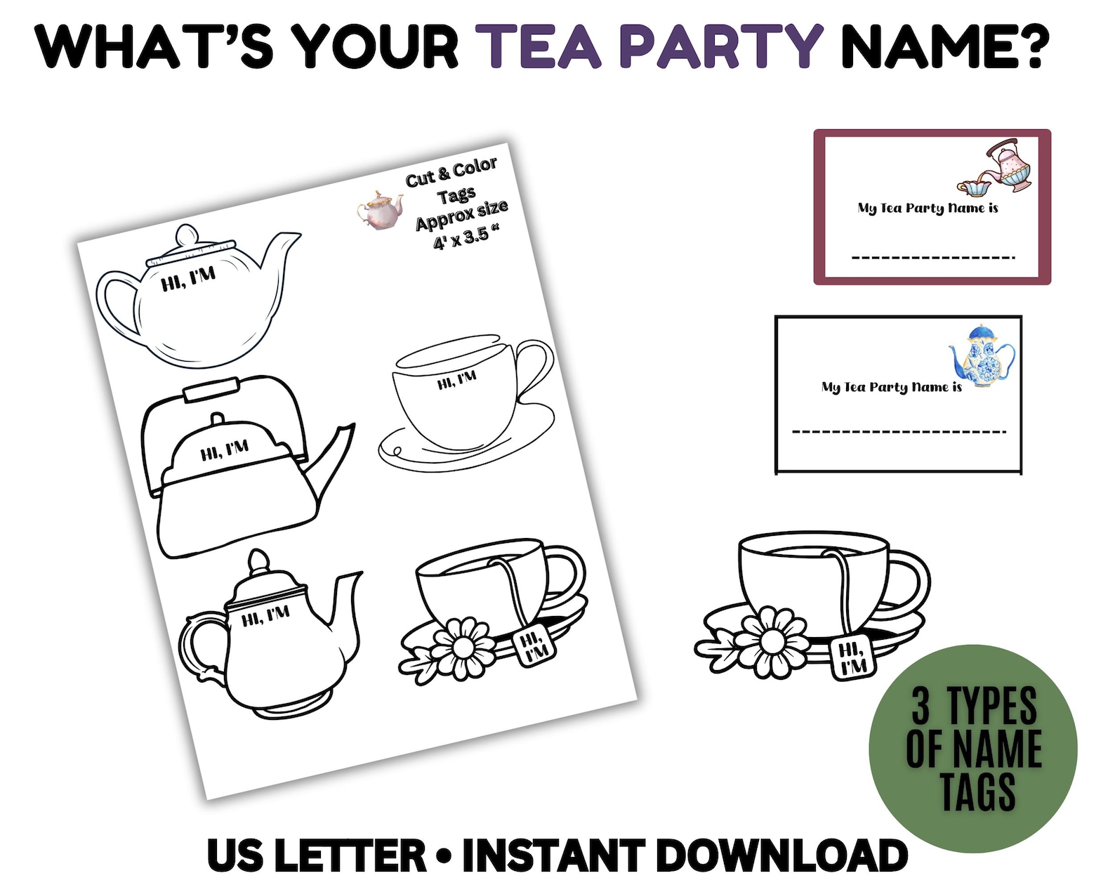 What's Your Tea Party Name Game, NAME TAGS + SIGN, Girls Tea Party ...