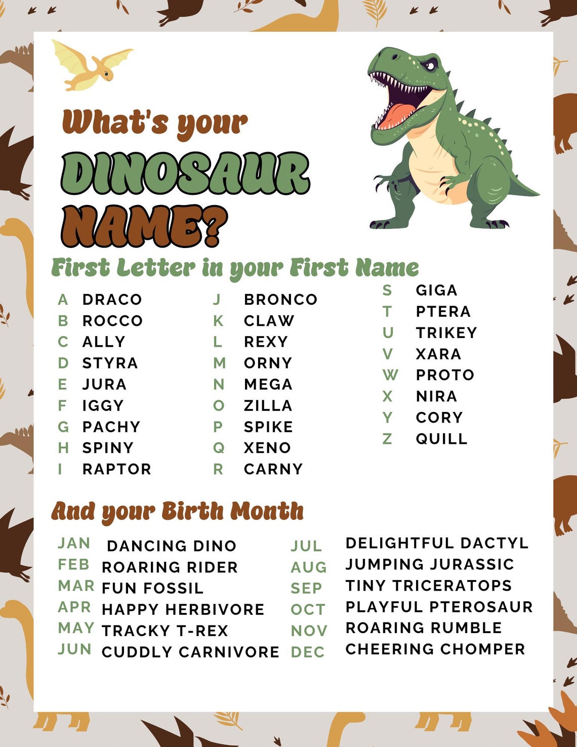 What's Your Dinosaur Name Game, Dinosaur Party Game, SIGN & NAME Tags ...