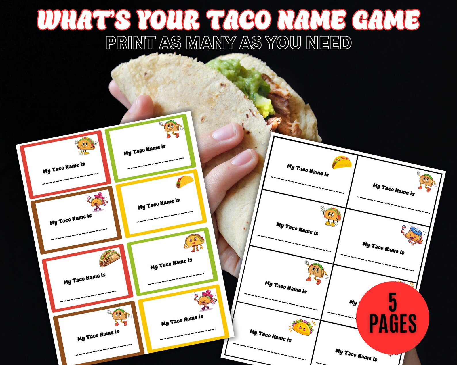 What's Your Taco Name Game, NAME TAGS + SIGN, Printable Mexican Fiesta ...