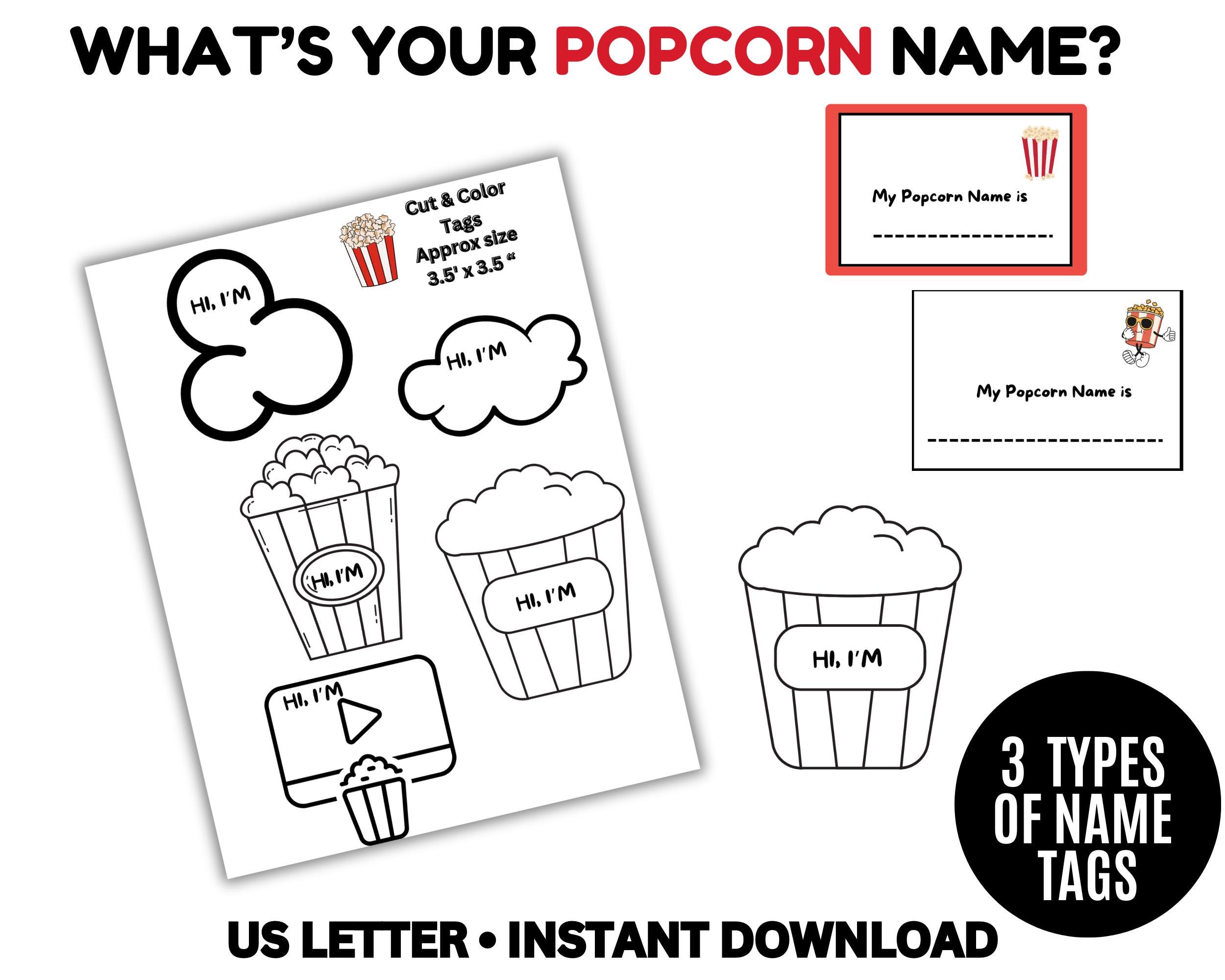 What's Your Popcorn Name Game, SIGN NAME TAGS, Activity Printable ...