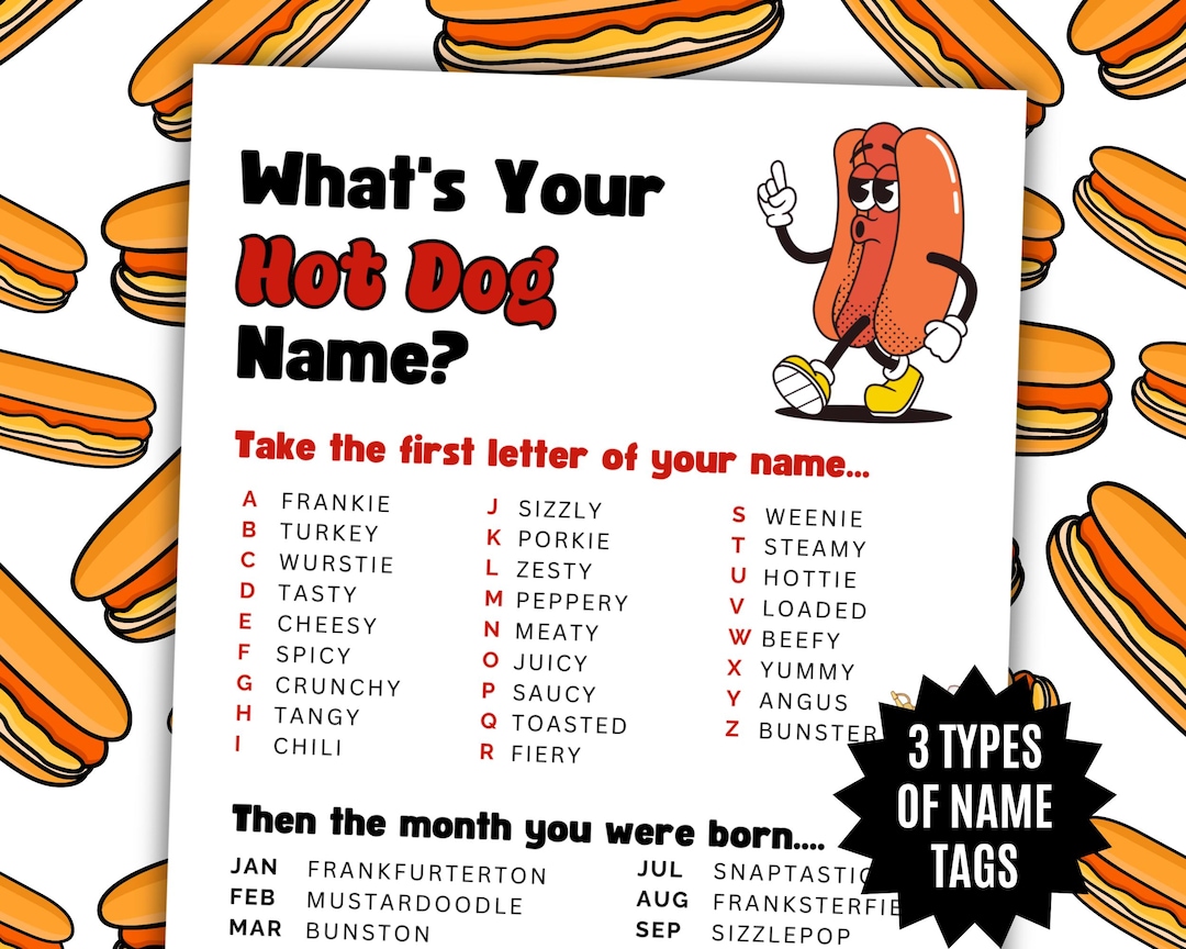 What's Your Hot Dog Name Game, NAME TAGS +signs, Kids Hot Dogs Party ...