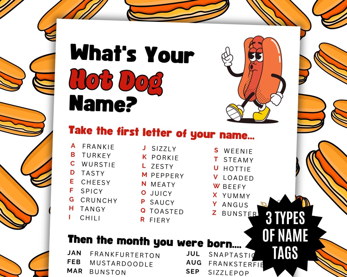 What's Your Hot Dog Name Game, NAME TAGS +signs, Kids Hot Dogs Party ...