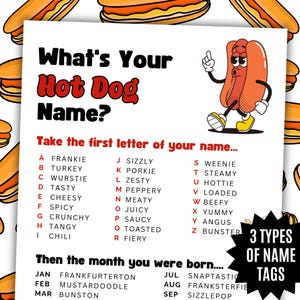 What's Your Hot Dog Name Game, NAME TAGS +signs, Weiner Dogs BBQ Party ...