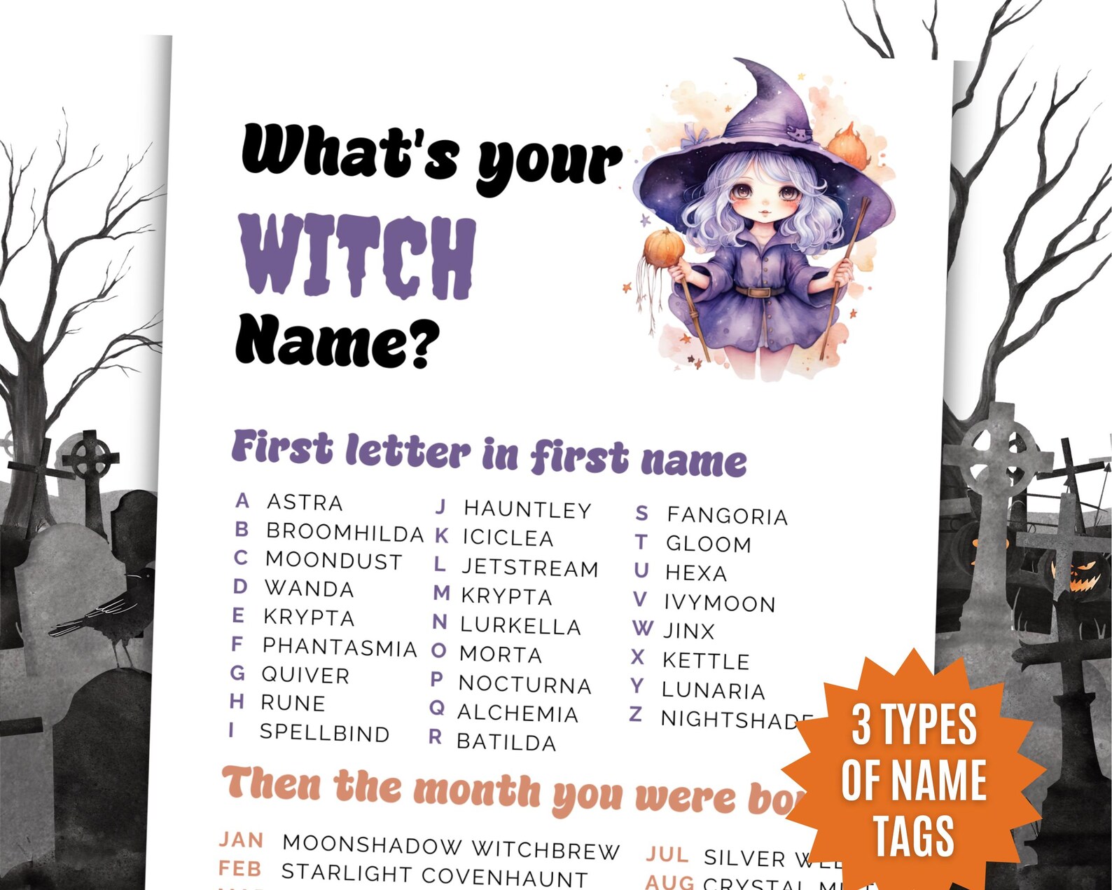 What's Your Witch Name Game, NAME TAGS+ SIGN, Witchy Birthday Printable ...