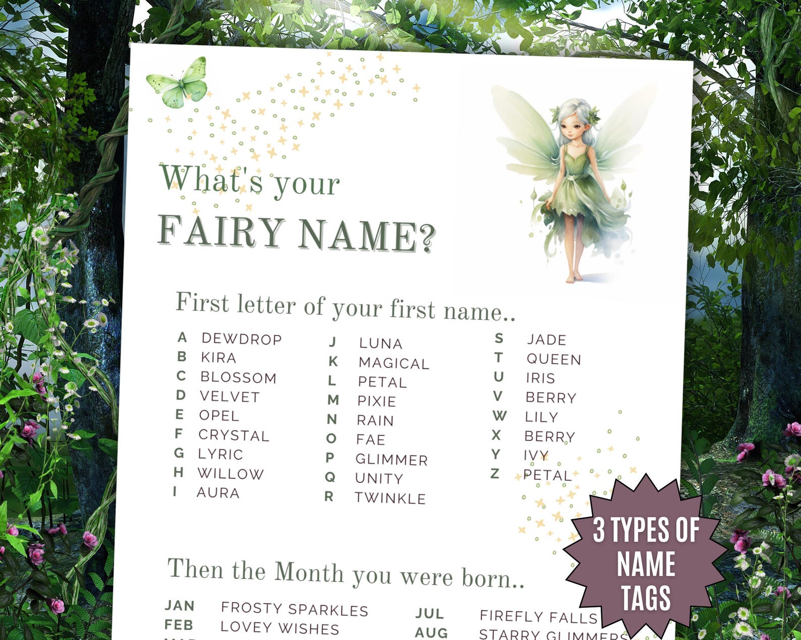 What's Your Fairy Name Game NAME TAGS + SIGN, Enchanted Fairy Forest ...