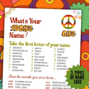 What's Your 60s Name Game, NAME TAGS + SIGN, Groovy 60s Party, Disco ...