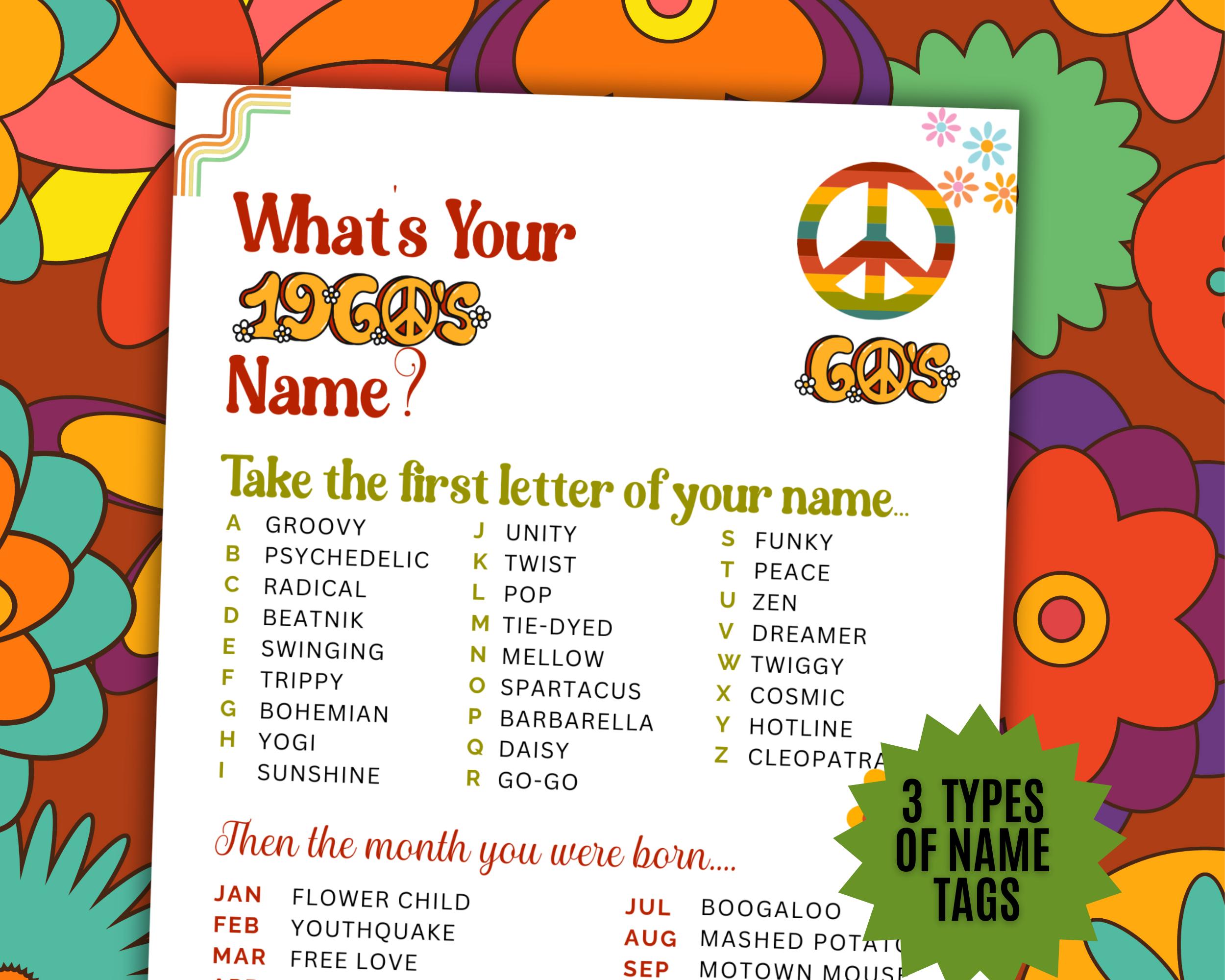 What's Your 60s Name Game, NAME TAGS + SIGN, Groovy 60s Party, Disco ...