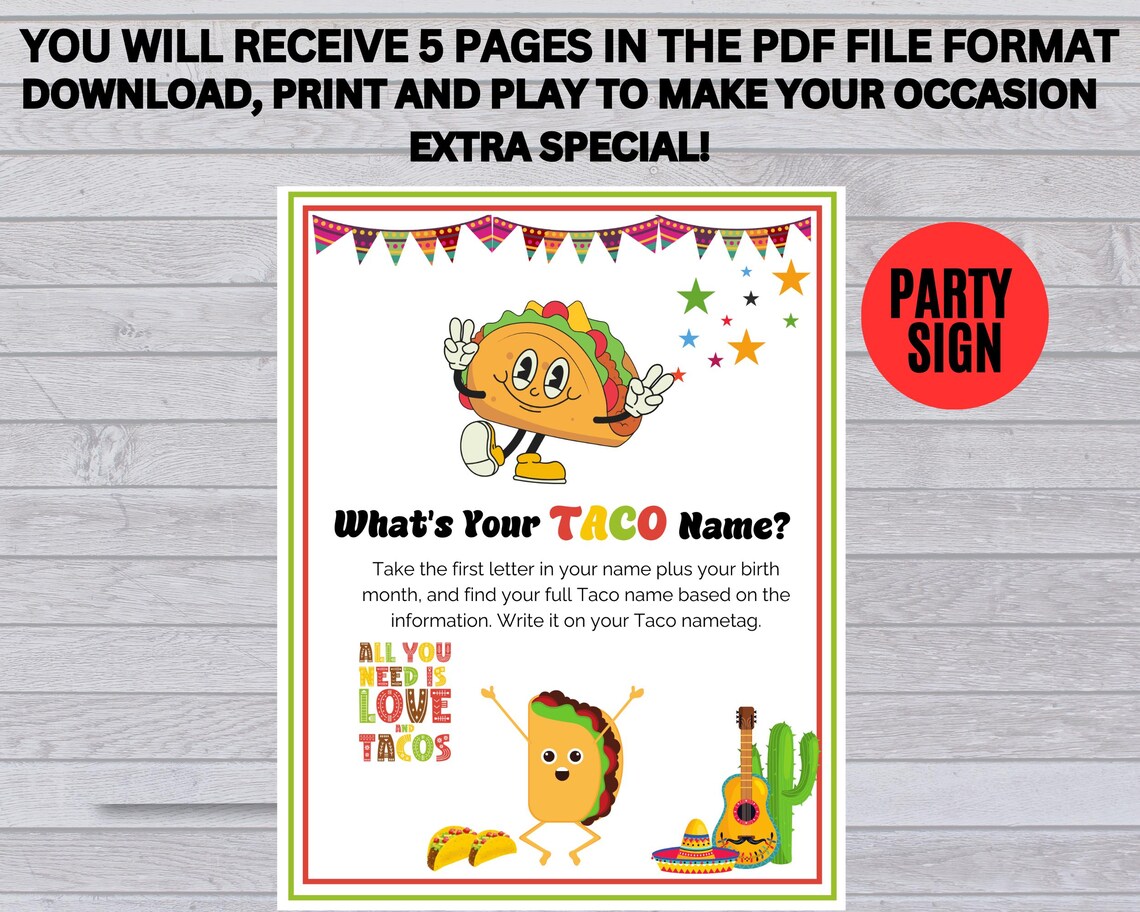 What's Your Taco Name Game, NAME TAGS + SIGN, Printable Mexican Fiesta ...