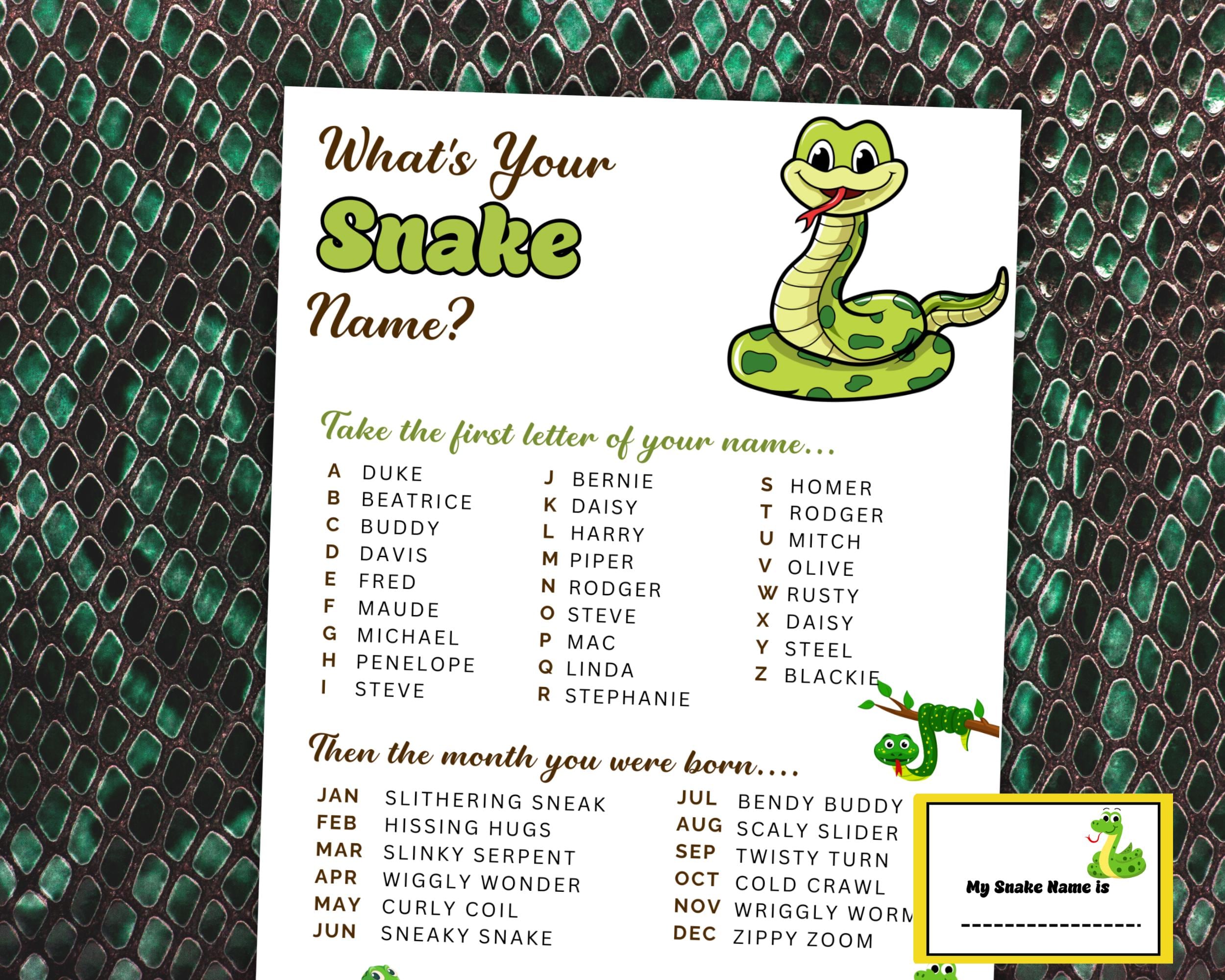 What's Your Snake Name Game With Party SIGN & NAME Tags, Name Generator ...