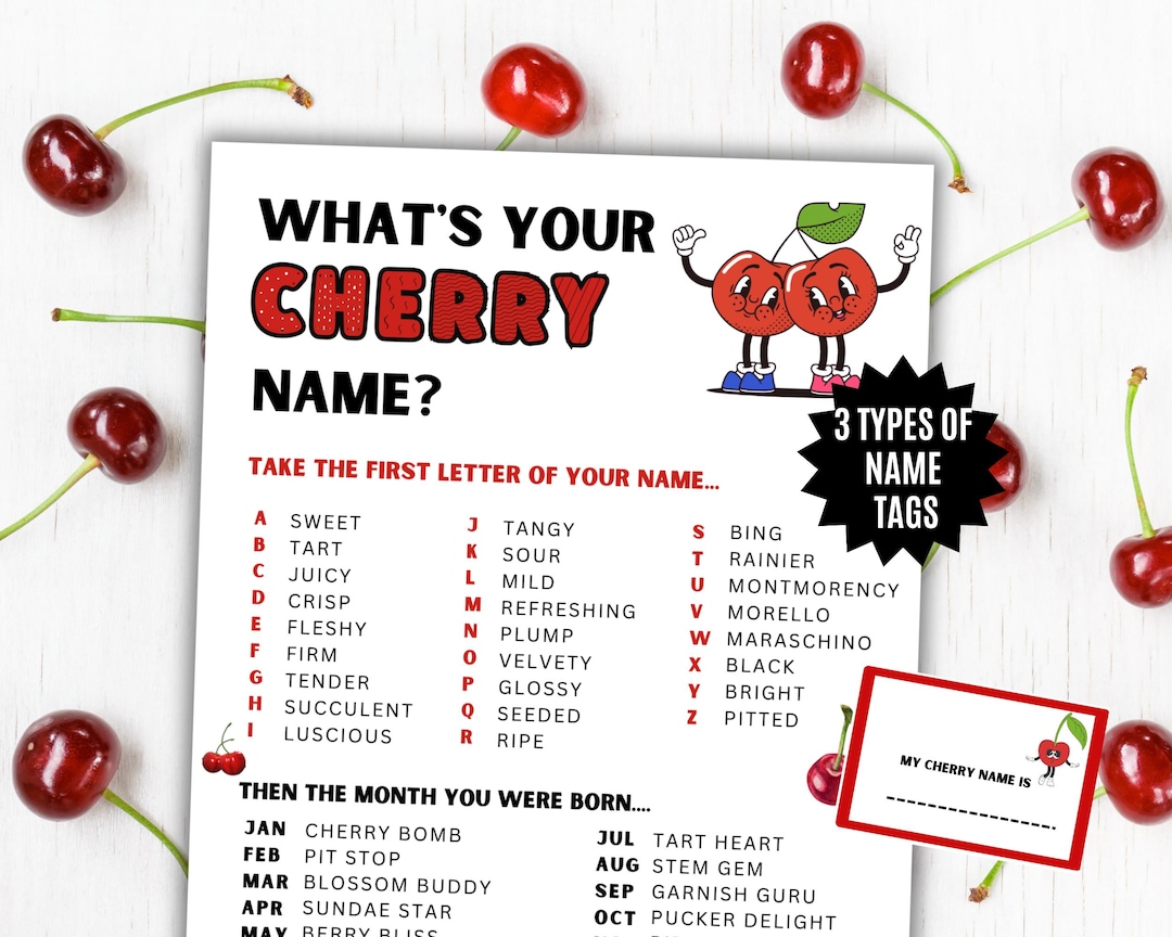 What's Your Cherry Name Game NAME TAGS + SIGN, Office Cocktails, Happy ...