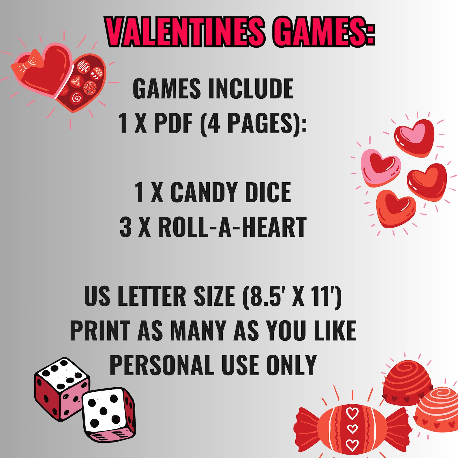 Valentine's Day Candy Game, Printable Rolling Hearts Valentine Games ...