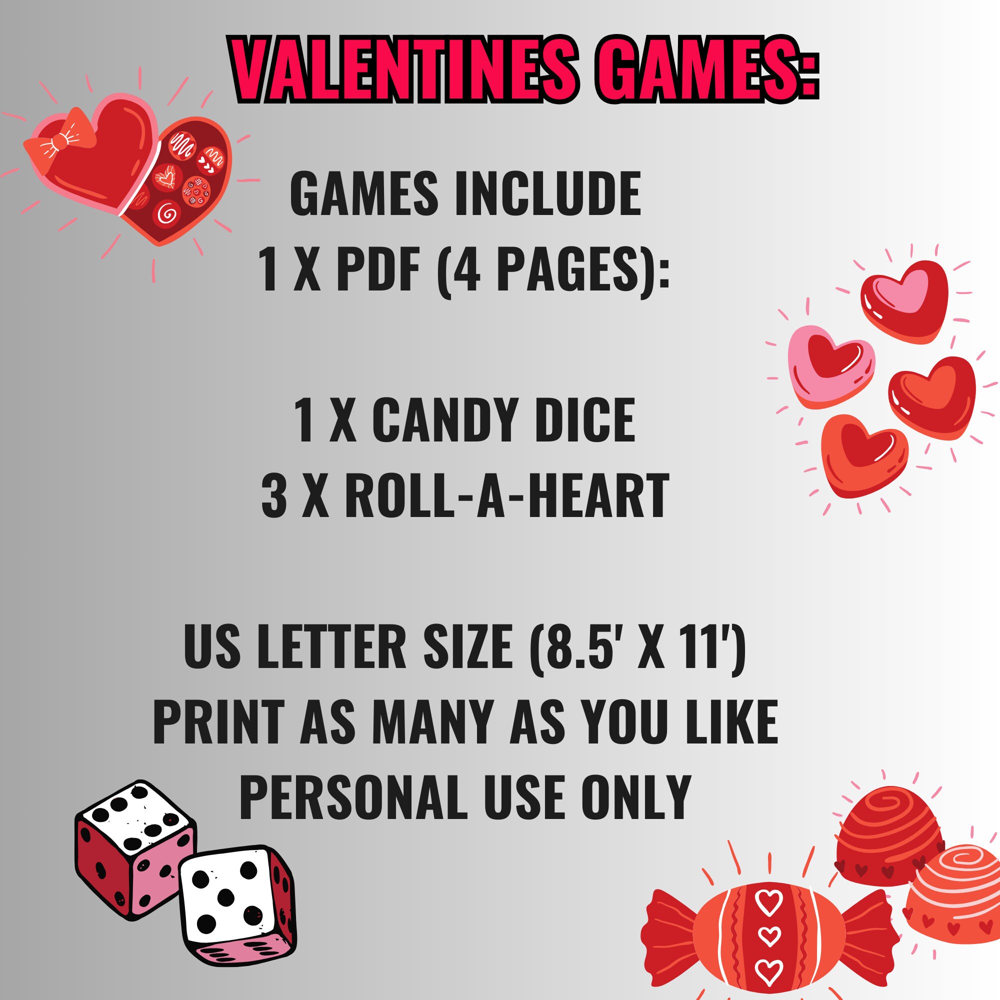 Valentine's Day Candy Game, Printable Rolling Hearts Valentine Games ...