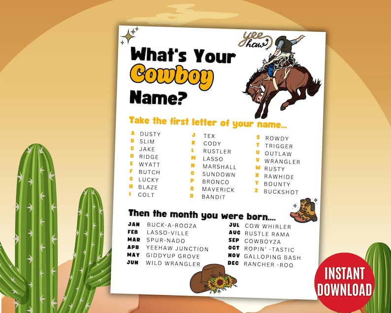 What's Your Cowboy Name Game, Name TAGS, GENERATOR & Party SIGN, Cowboy ...