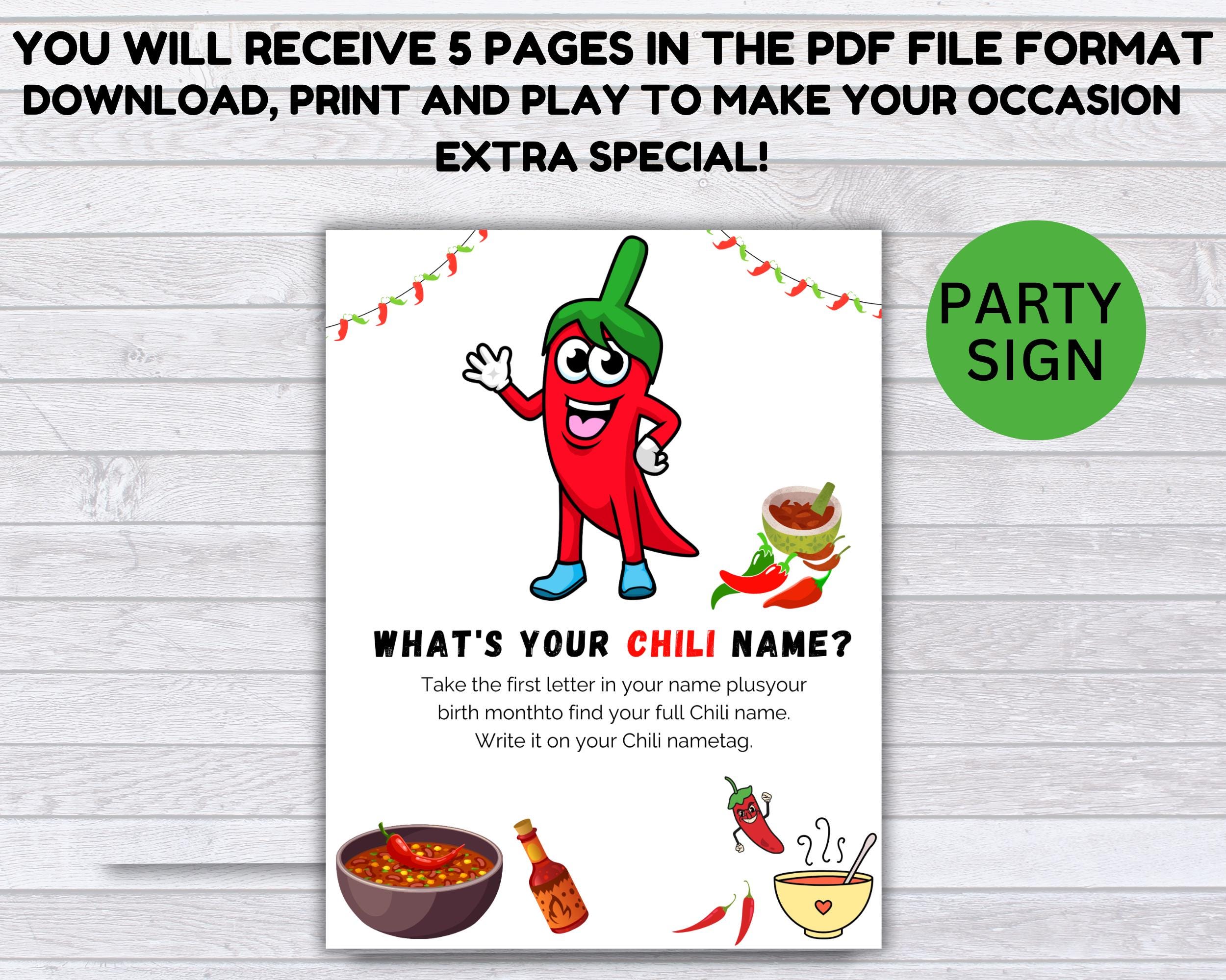 What's Your Chili Name Game NAME TAGS + SIGN, Chili-themed Party ...
