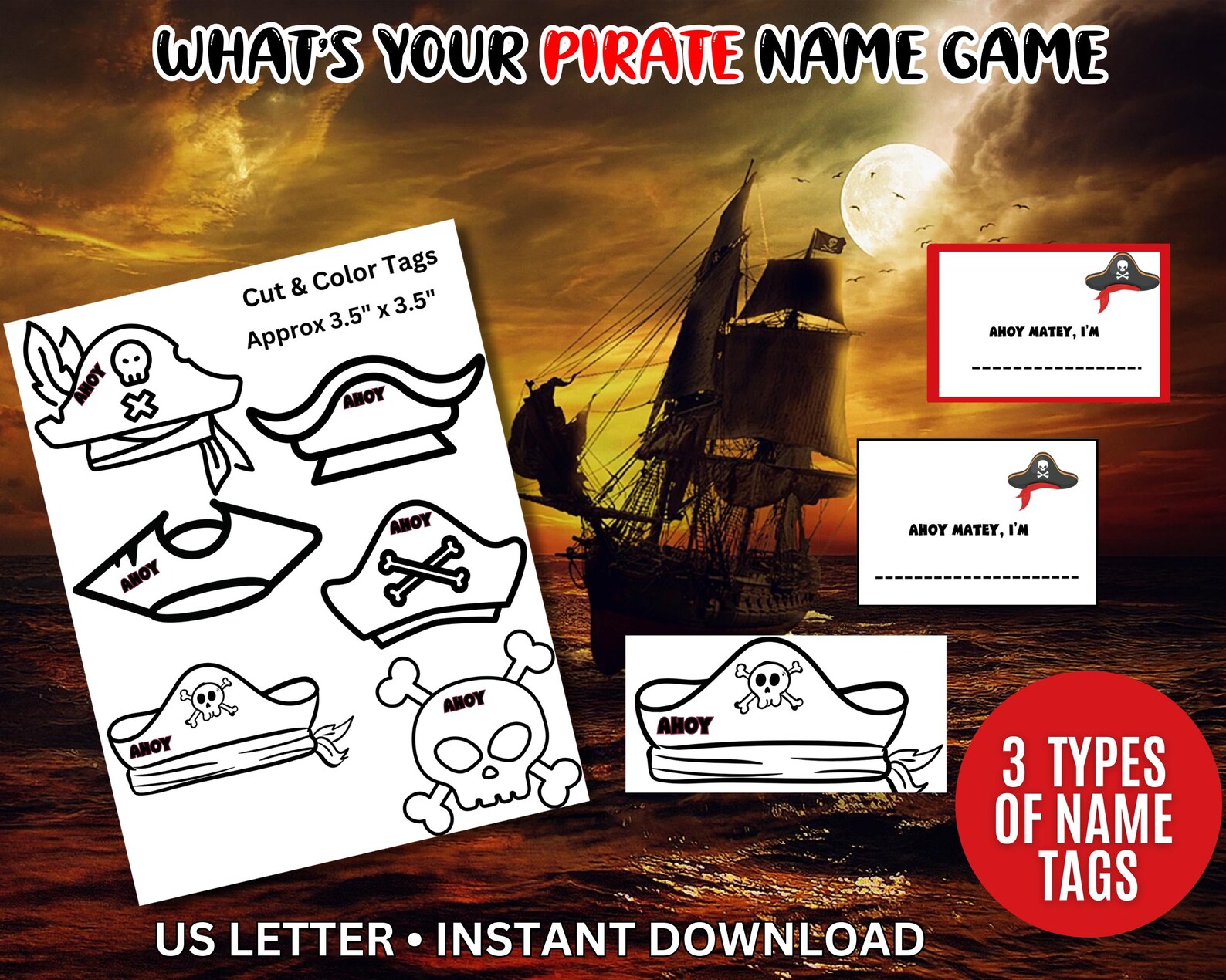 What's Your Pirate Name Game NAME Tags + SIGN, Pirate Birthday, Ahoy ...