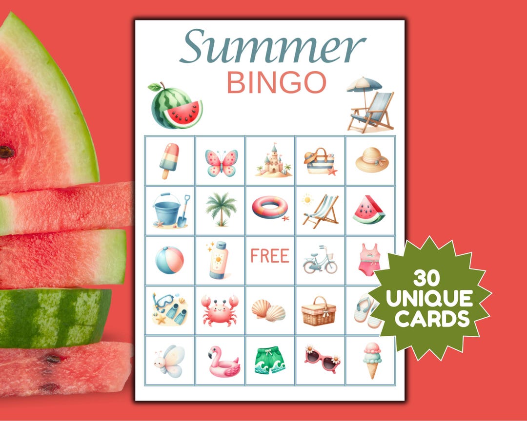 Summer Bingo Game, 30 Unique Printable Cards, Kids Summer Activity ...