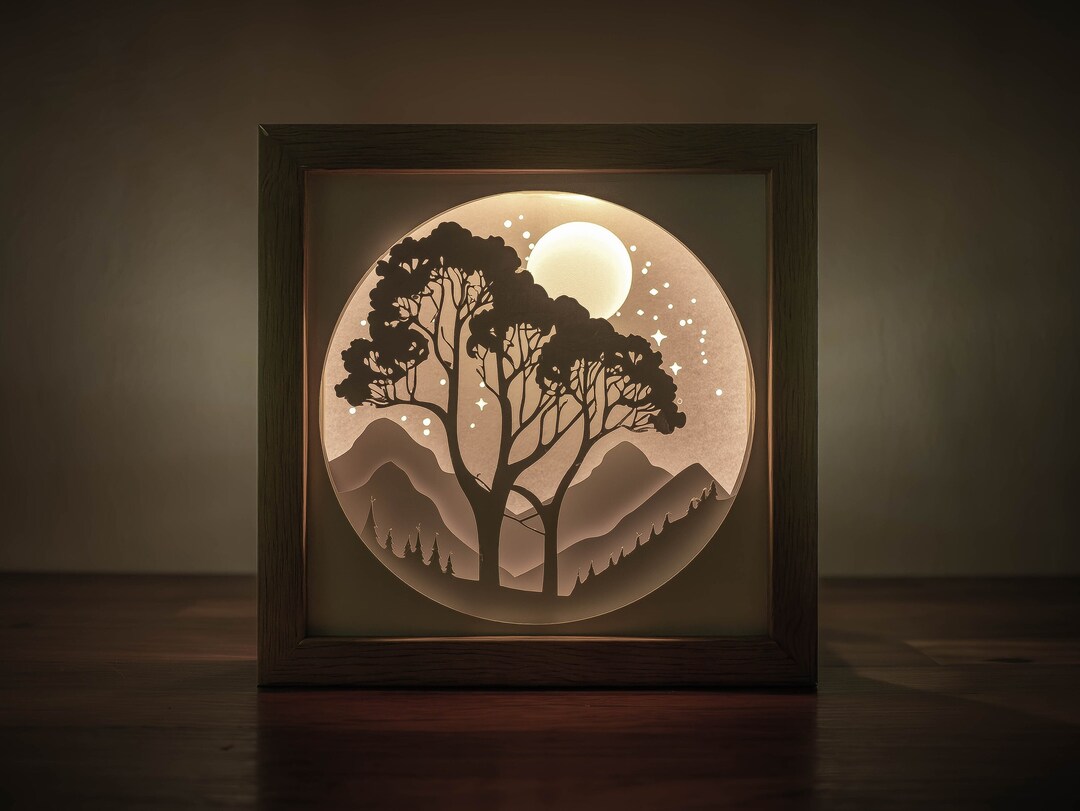 3D Tree Lightbox SVG Template, Moon and Mountains Paper Cut, Nature ...