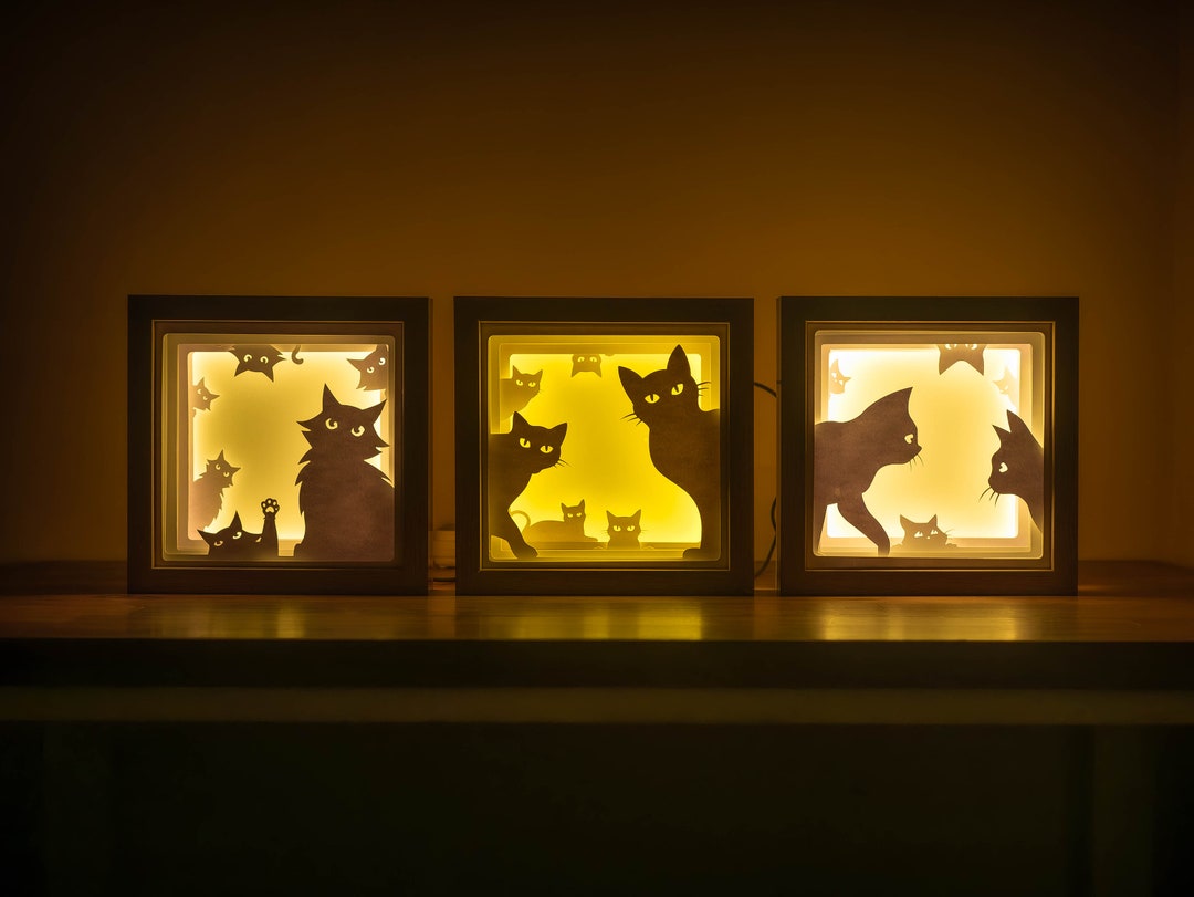 Set of 3 - Peeking Cats Lightbox Templates, Cute Cats Box SVG Template ...