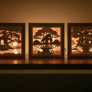 Set of 3 - Tree House Paper Cut SVG Template, Tree Shelter Shadow Box ...