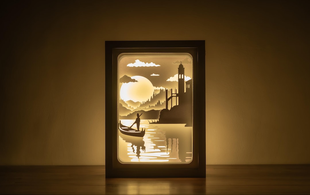 3D Landscape Paper Cut SVG Template, Fisherman Lightbox SVG, River and ...