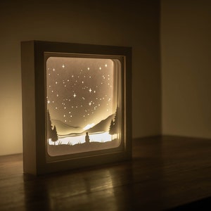 3D Night Sky Shadow Box SVG Template: Mountain Lake Lightbox (digital ...