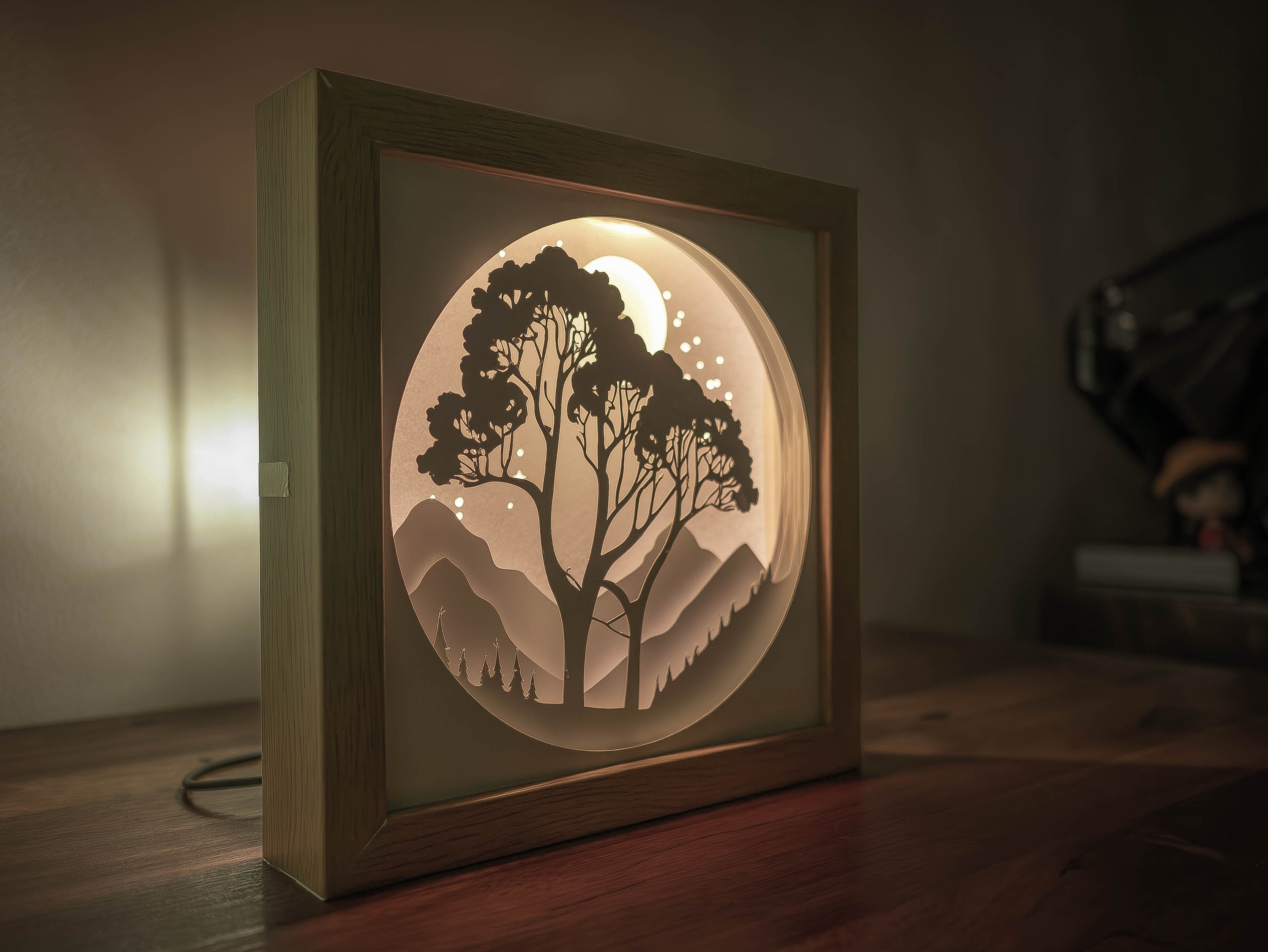 3D Tree Lightbox SVG Template, Moon and Mountains Paper Cut, Nature ...