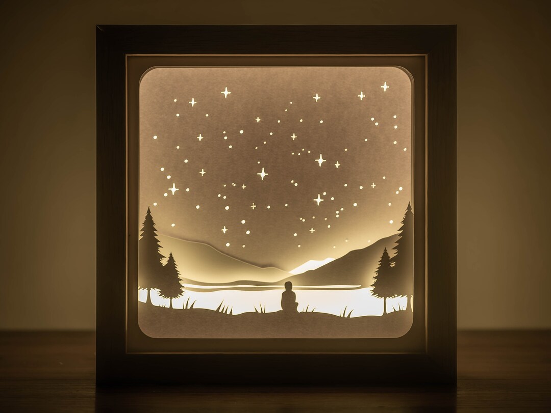 3D Night Sky Shadow Box SVG Template: Mountain Lake Lightbox (digital ...