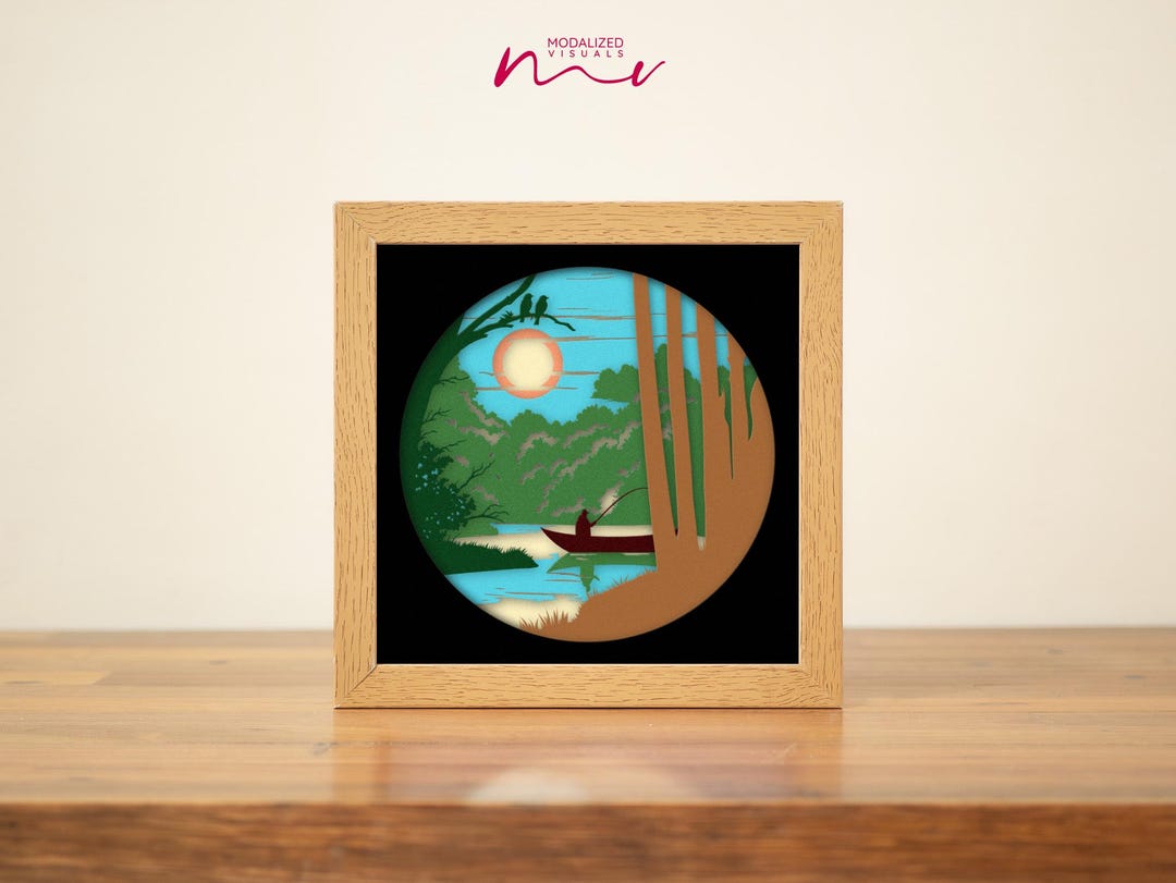 3D Fisherman Colored Card Stock SVG, Fish Hunting Shadowbox Template ...