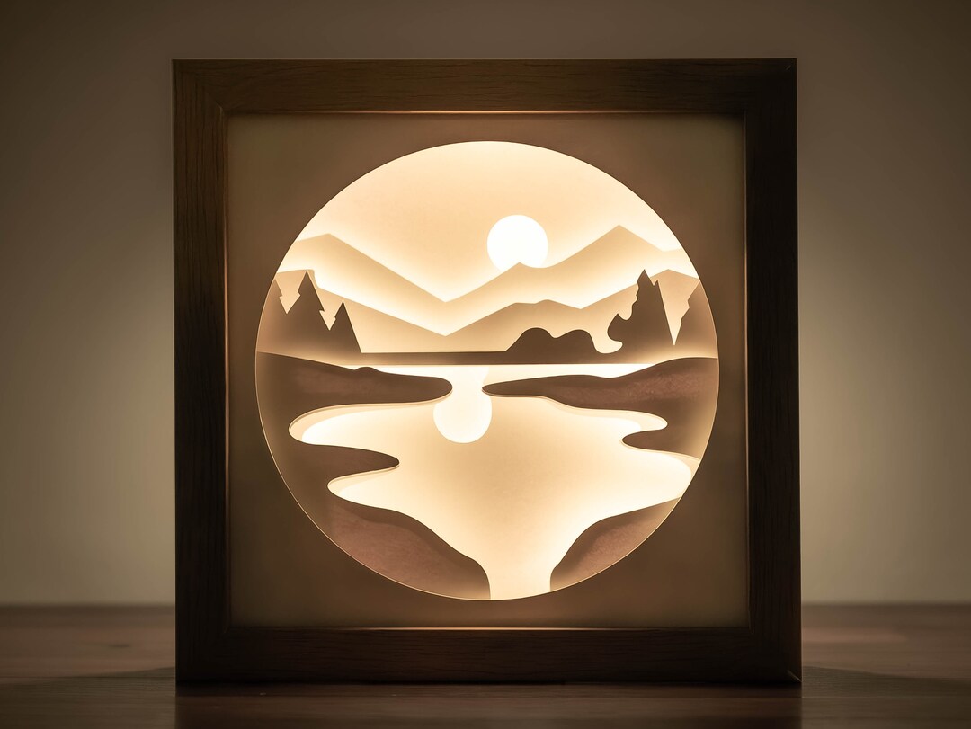 3D Mountains Lightbox SVG Template, Lake and Mountains Paper Cut Files ...