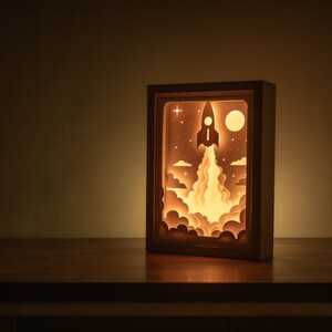 3D Spaceship Lightbox SVG, Rocket Launching Shadowbox Template, Space ...