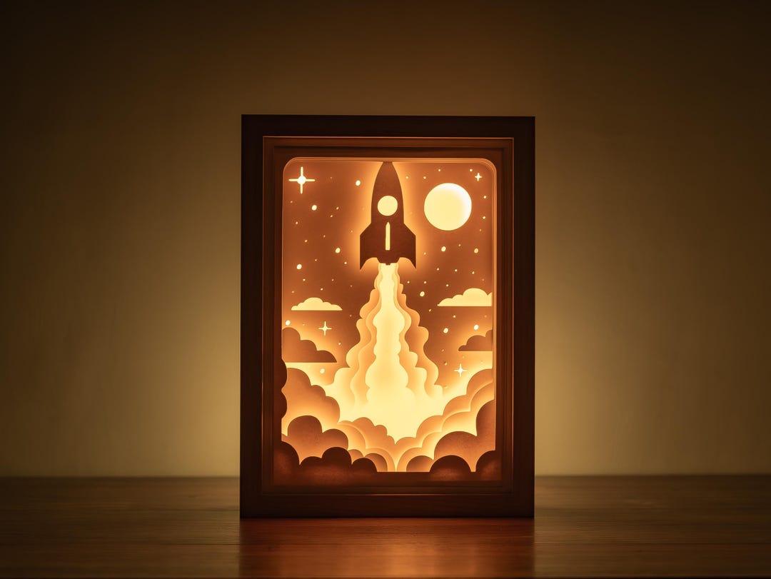 3D Spaceship Lightbox SVG, Rocket Launching Shadowbox Template, Space ...