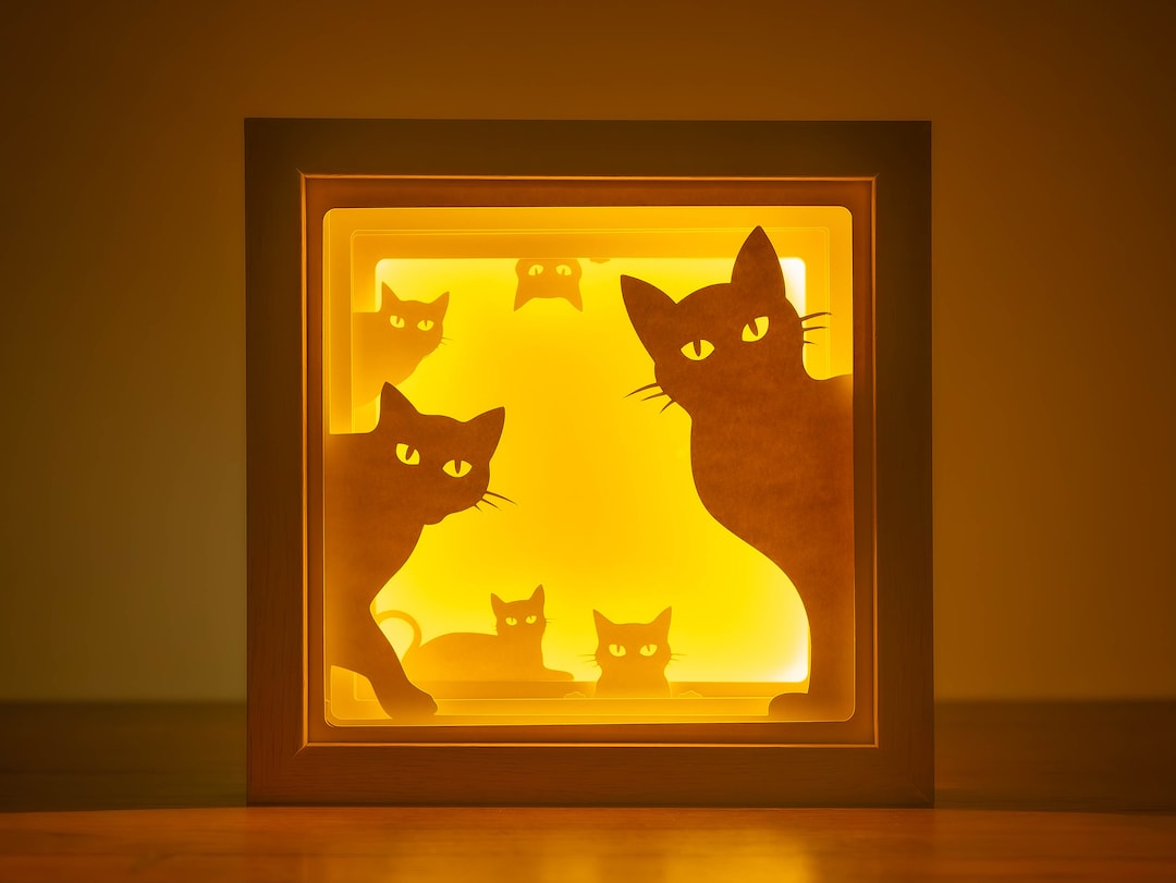 3D Cats Light Box Files, Peeking Cats Shadowbox Cutting Files, Black ...