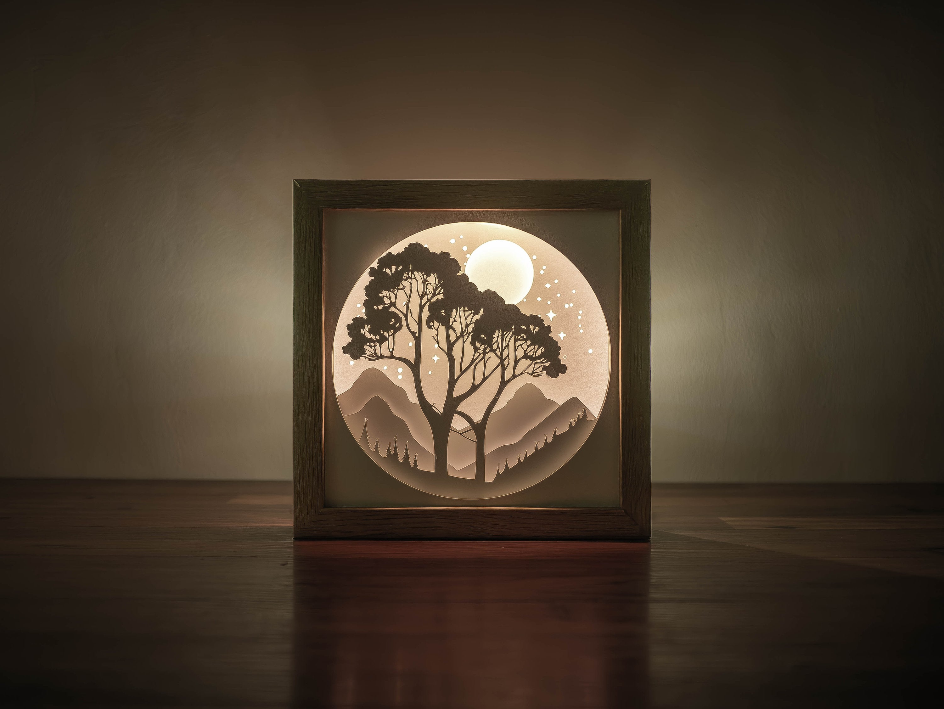 3D Tree Lightbox SVG Template, Moon and Mountains Paper Cut, Nature ...