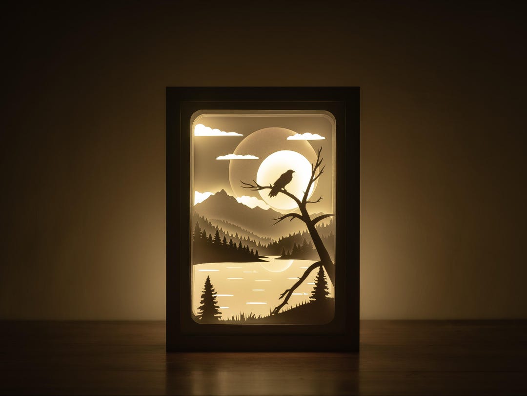 3D Landscape Shadowbox Template, 3D Bird Lightbox SVG, River and ...