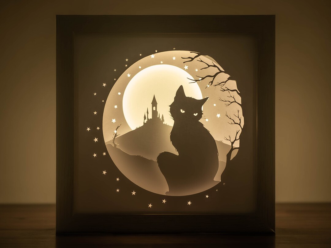 3D Cat Paper Cut Lightbox Template, Horrifying Cat Shadow Box SVG ...