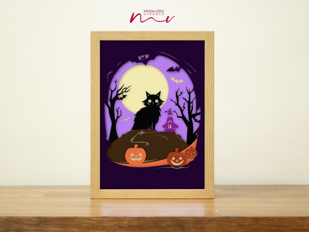 3D Halloween Cat Paper Cut Shadowbox Template, Black Cat 3D Paper Cut ...