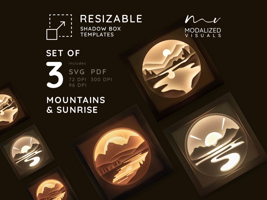 Set of 3 - 3D Mountains Lightbox Template, Sunrise and Mountains Shadow ...
