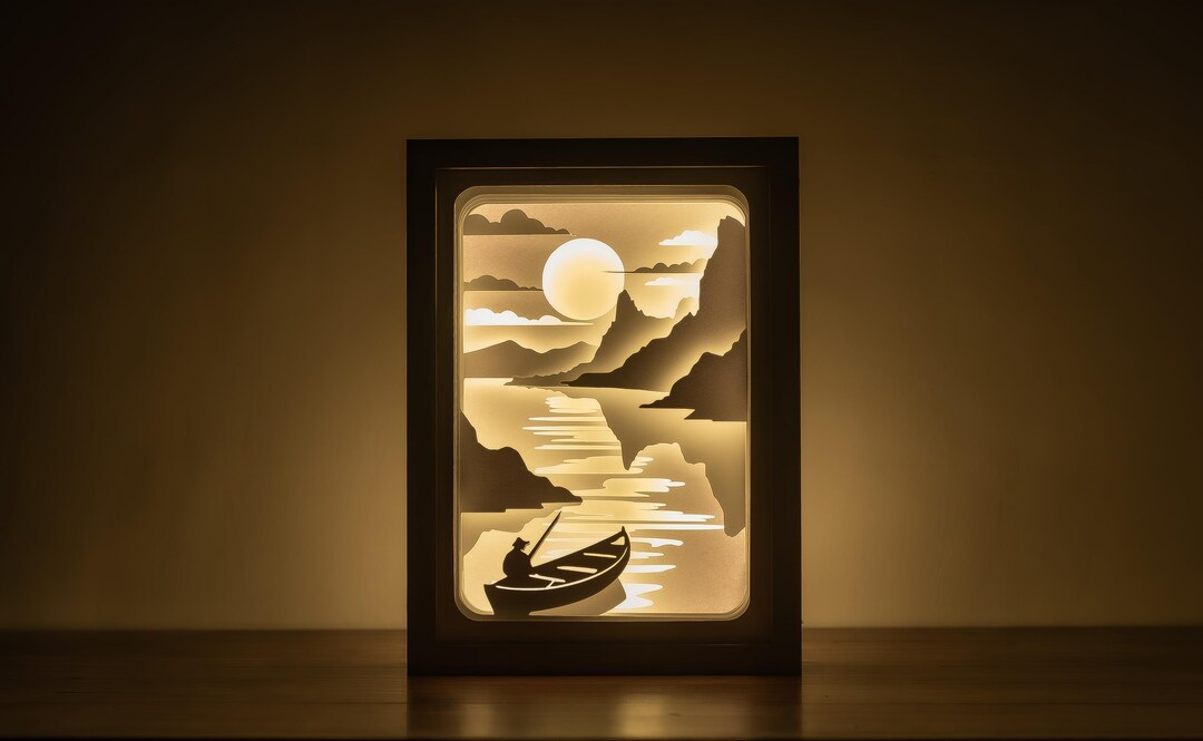 3D Landscape Lightbox Template, Fisherman Paper Cut SVG Files, River ...