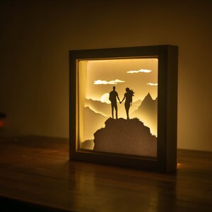 3D Mountain Couple Paper Cut Lightbox Template, Sweet Lovers Shadow Box ...