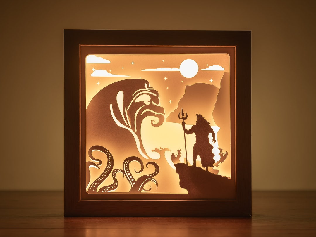 3D Greek God Poseidon Shadowbox Template, God of the Sea Lightbox ...