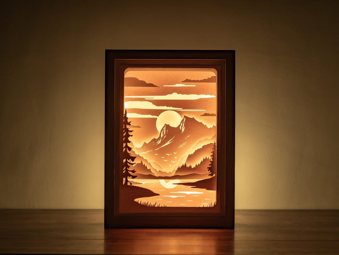 3D Mountains Paper Cut SVG, Landscape Lightbox Template, Forest ...