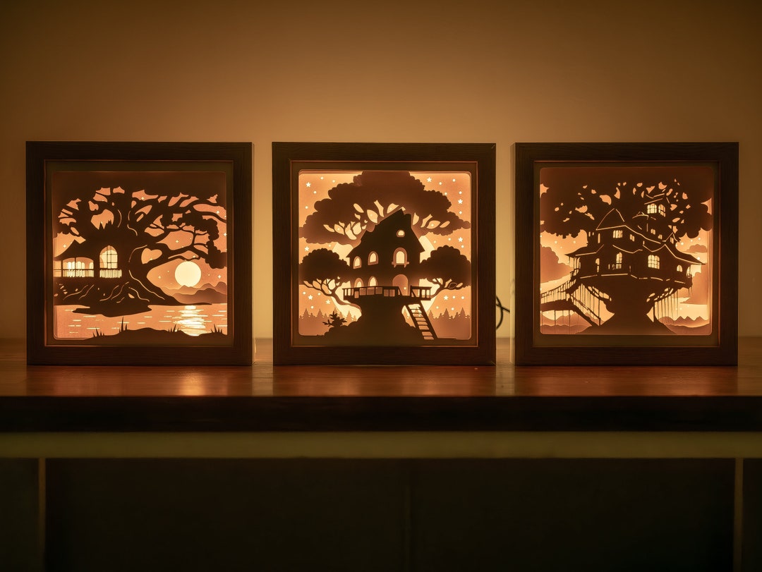 Set of 3 Tree House Paper Cut SVG Template, Tree Shelter Shadow Box ...