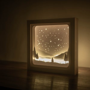 3D Night Sky Shadow Box SVG Template: Mountain Lake Lightbox (digital ...