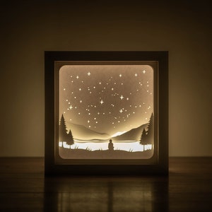 3D Night Sky Shadow Box SVG Template: Mountain Lake Lightbox (digital ...