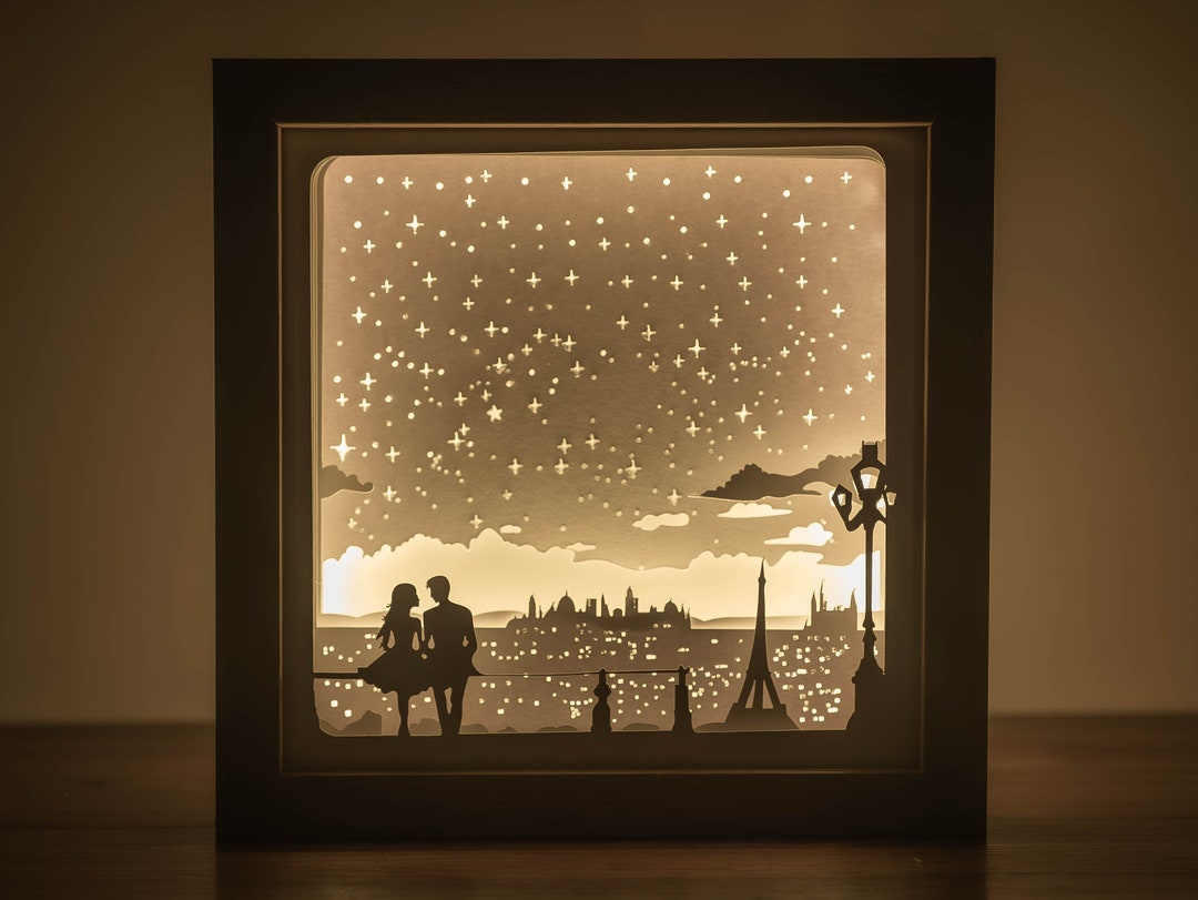 3D Couple Paper Cut Light Box Template, Romantic City Light Shadow Box ...