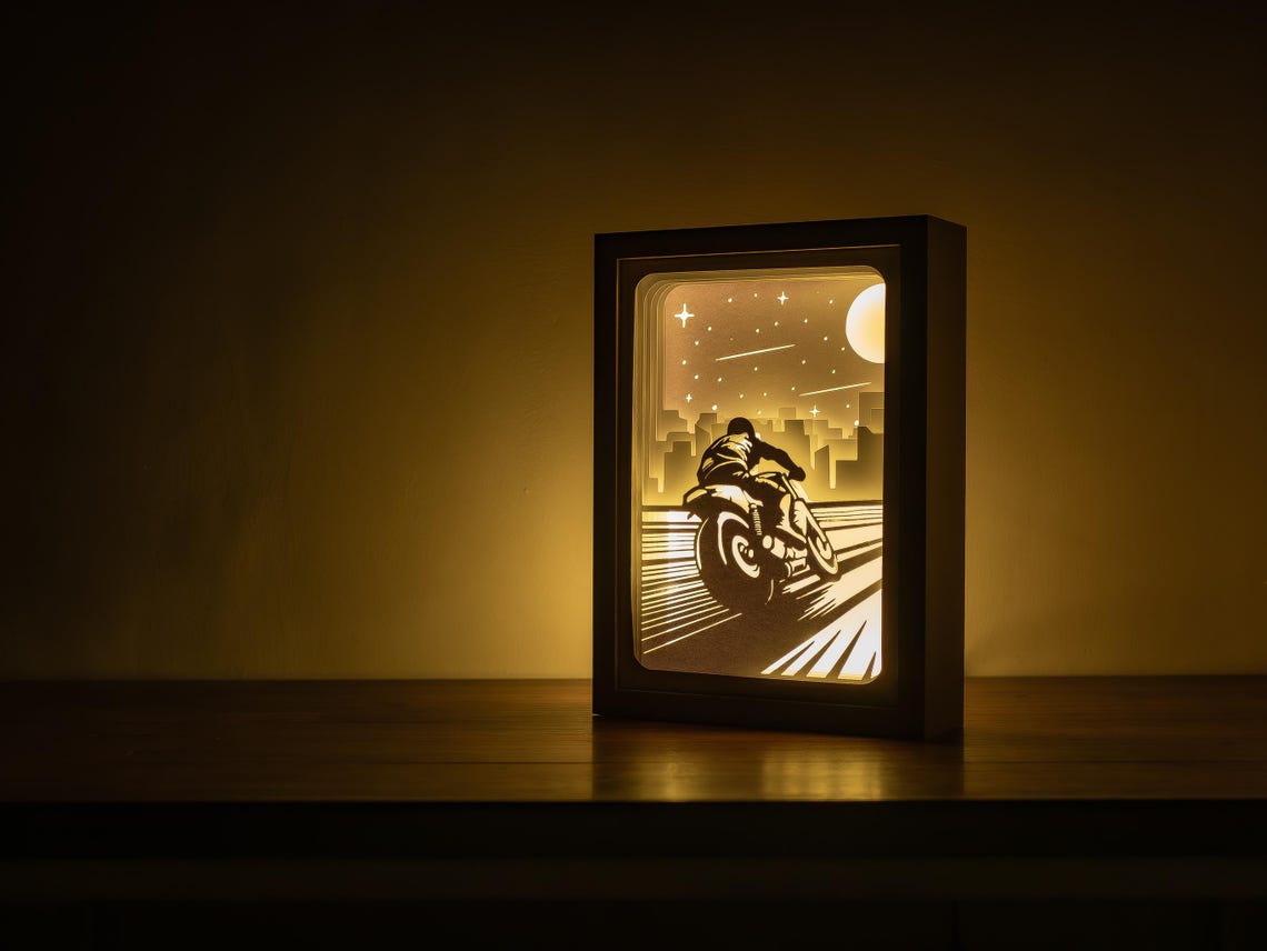 Motorcycle Rider Shadowbox Template: Cityscape Paper Cut Lightbox (SVG ...
