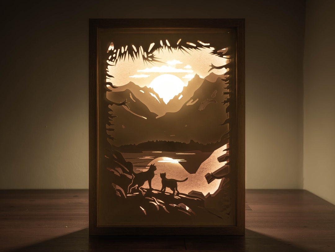 3D Cat Shadow Box, Mountain Lightbox SVG, Template for Layered Paper ...
