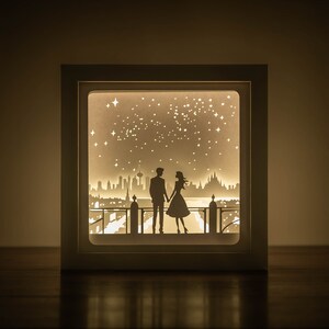 3D Couple Paper Cut Lightbox Template, Romantic Cityscape Shadow Box ...