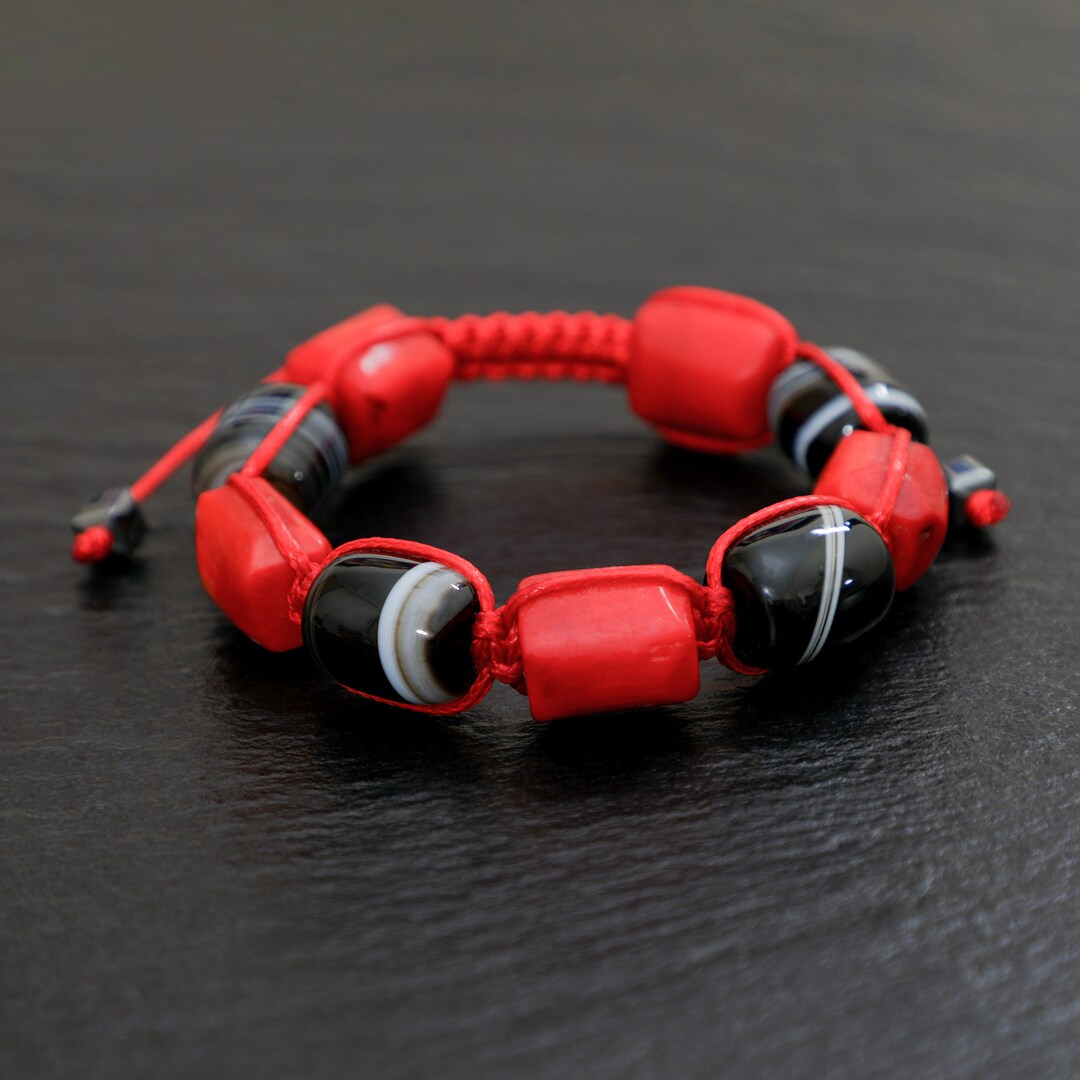 Womens Red Coral, Agate Shambhala Bracelet Adjustable Macrame Yoga ...