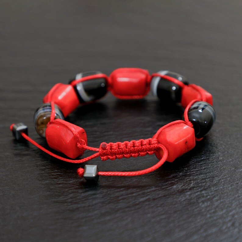 Womens Red Coral, Agate Shambhala Bracelet Adjustable Macrame Yoga ...